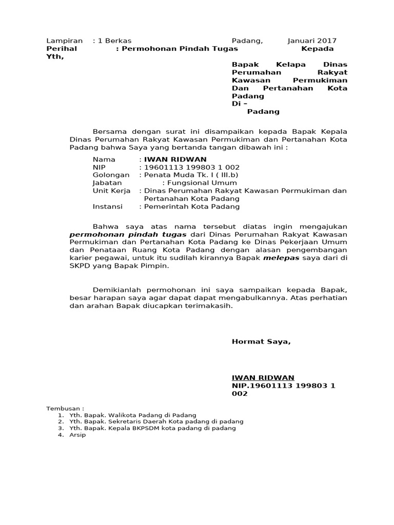 Permohonan Pindah Tugas Iwan Ridwan | PDF