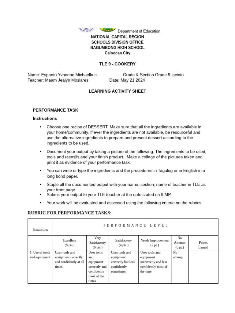 Grade 9 Cookery Performance Task Guide | PDF | Rubric (Academic)
