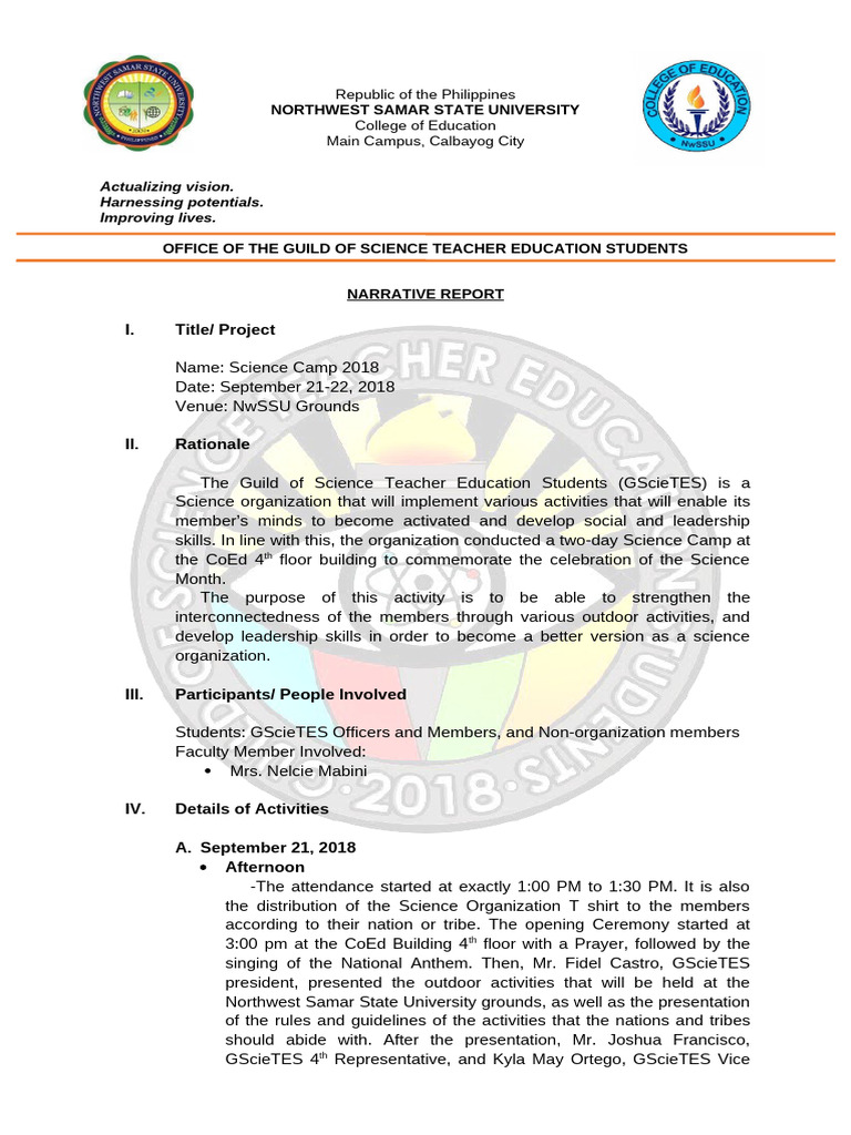 Narrative Report of The Science Camp 2018 | PDF | Science & Mathematics