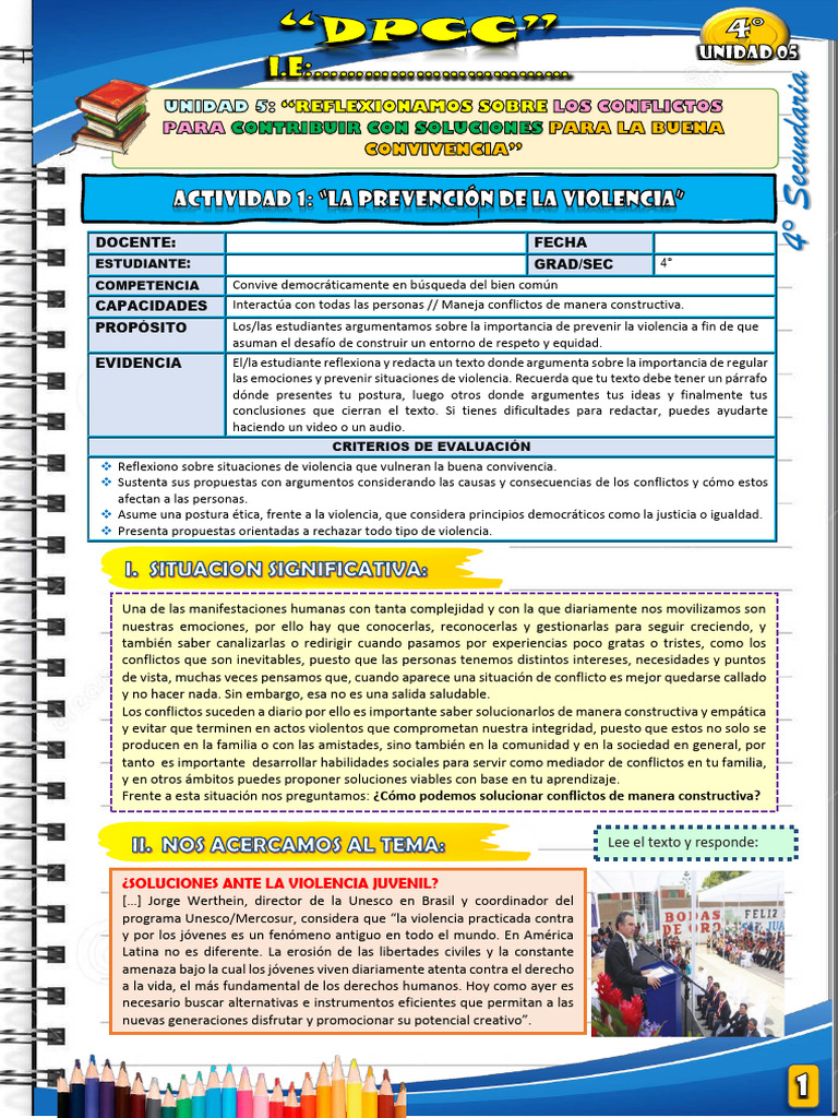 4° DPCC - Actv.01-Unid.5 2023 | PDF | Violencia | Psicología Social