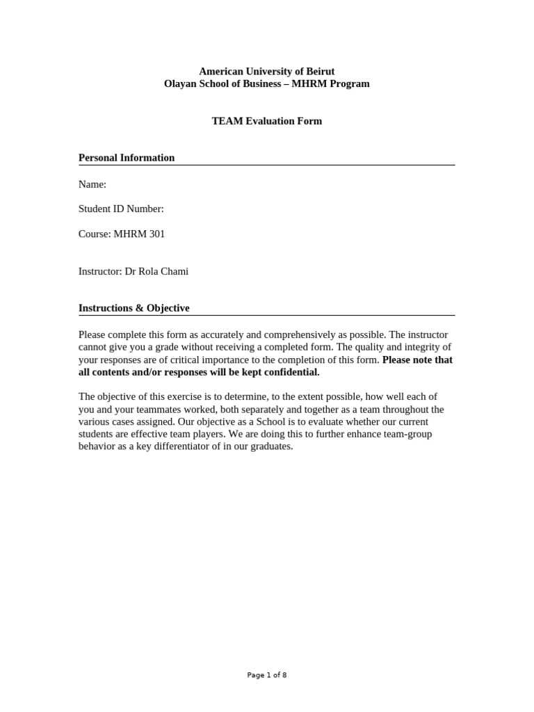MHRM 301 - Team Evaluation Form | PDF | Psychological Concepts | Cognition