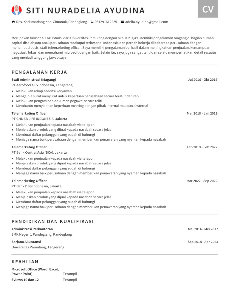 Cv. Siti Nuradelia Ayudina | PDF