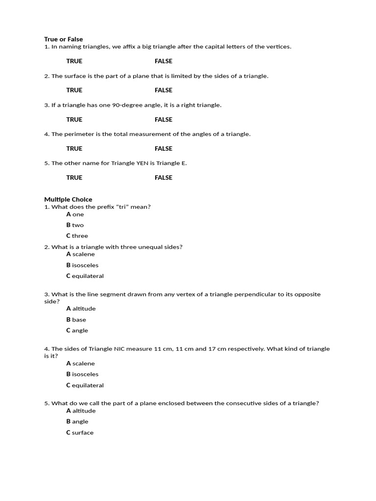 Geom 2nd SW 1 - Naming, Parts and Kinds of Triangles | PDF | Teaching ...