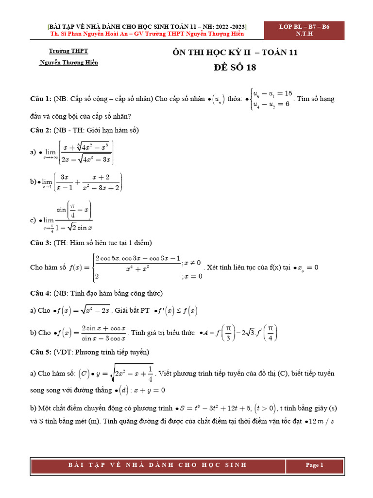 ÔN THI HK2 ĐỀ SỐ 18 | PDF