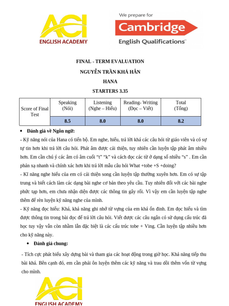 Final Evaluation Starters 3.35 | PDF