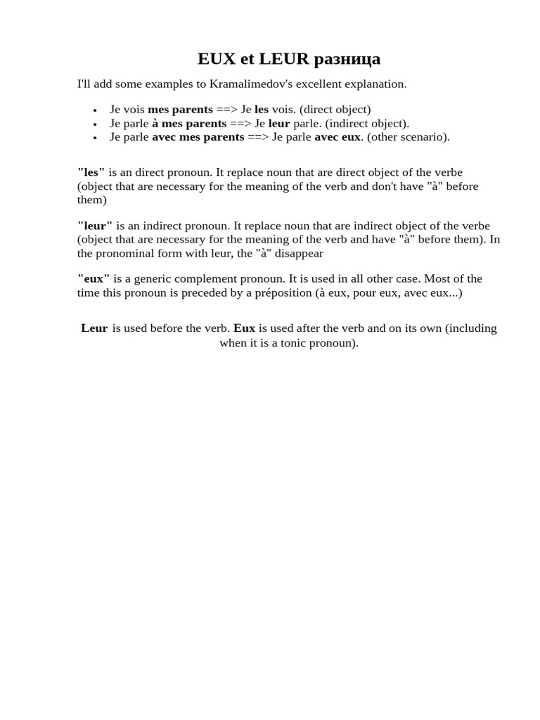 French Pronouns: Les, Leur, Eux Differences | PDF | Foreign Language ...