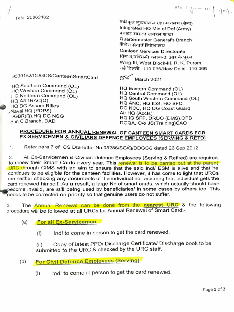 Procedure For Annual Renewal of Canteen Smart Card | PDF | Army ...