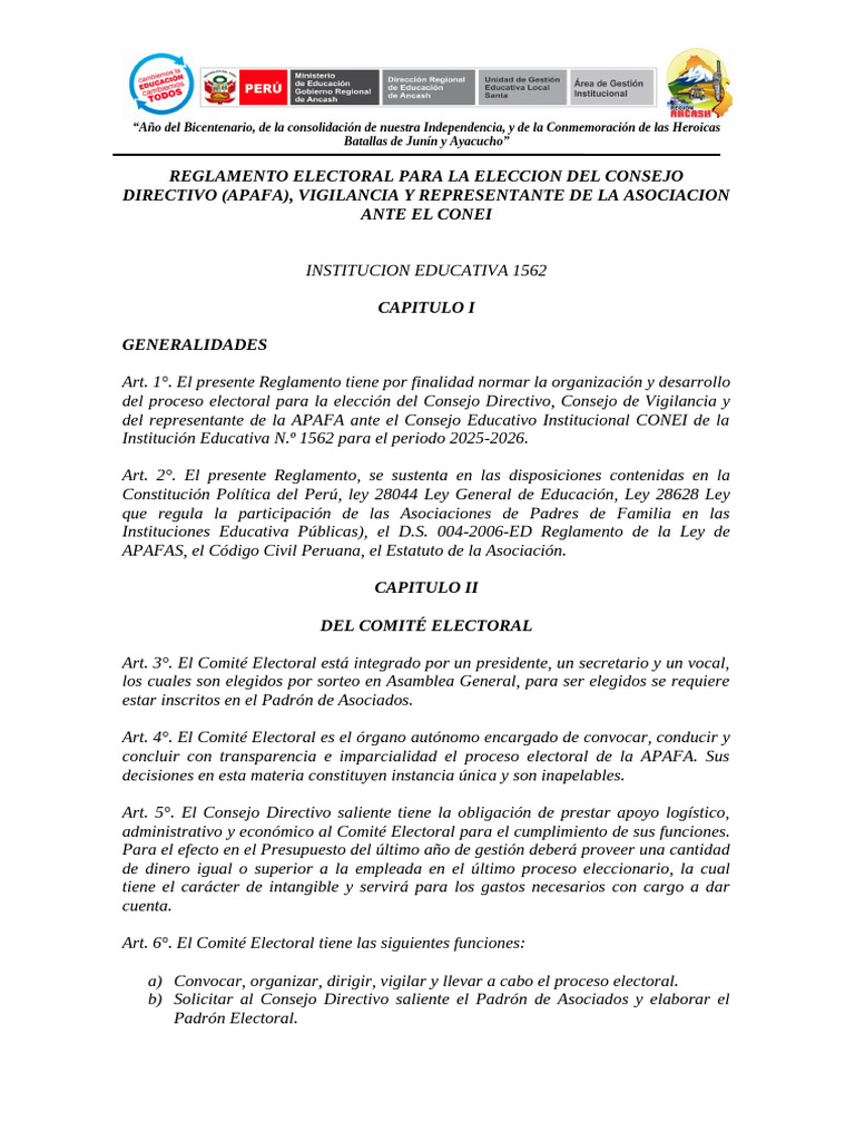 Reglamento Electoral 1562 Porvenir | PDF | Votación | Documento de identidad