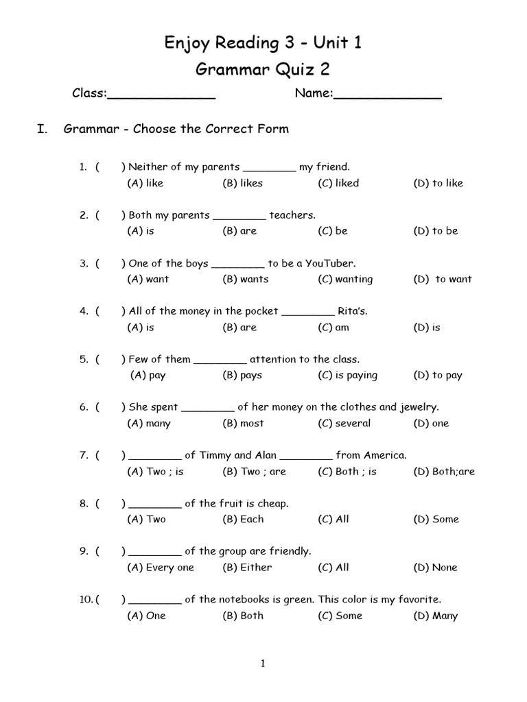 Enjoy Reading 3 - Unit 1 Grammar Quiz PDF | PDF