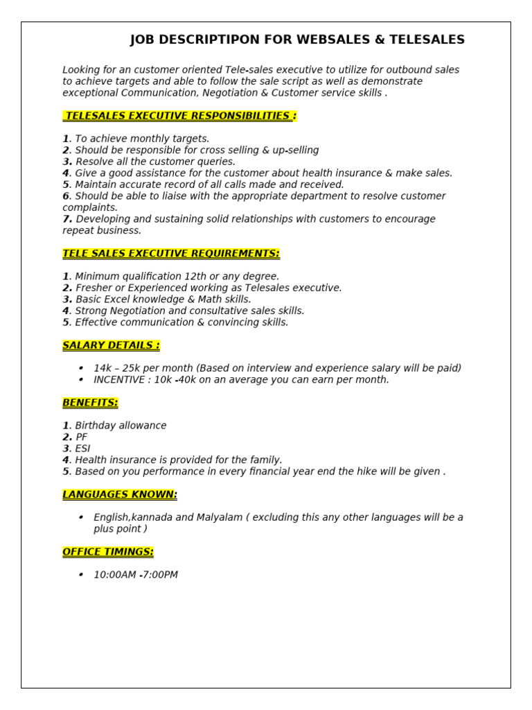 JOB DESCRIPTION - Telesales and Websales 2 | PDF