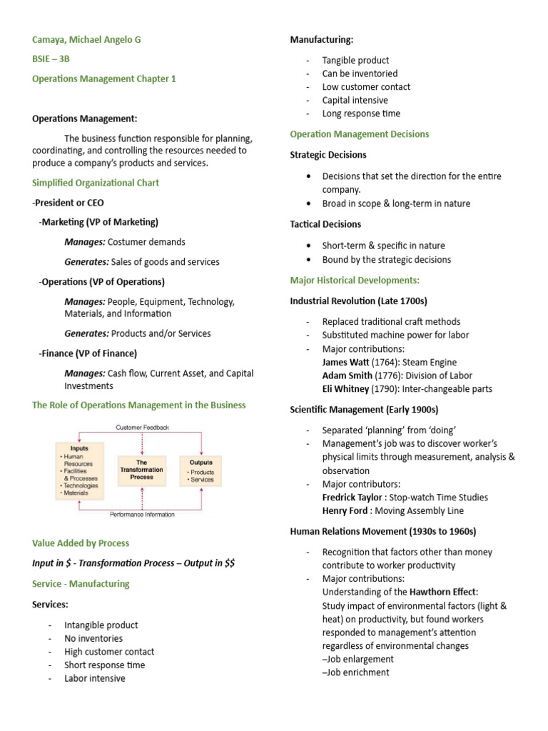OPMAN Chapter 1 Reviewer | PDF | Operations Management | Labour Economics
