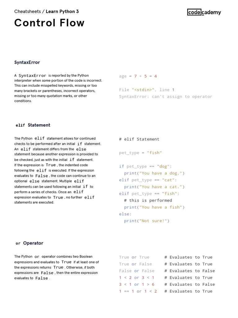 Learn Python 3 Control Flow Cheatsheet Codecademy Pdf Boolean Data Type Mathematical Logic