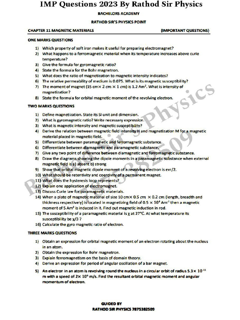 Chapter 11 Magnetic Materials Questions | PDF