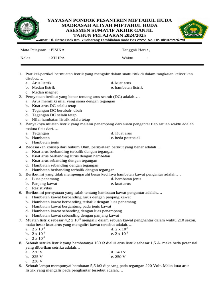 Soal Pas Fisika Kelas 12 S-1 2024 | PDF