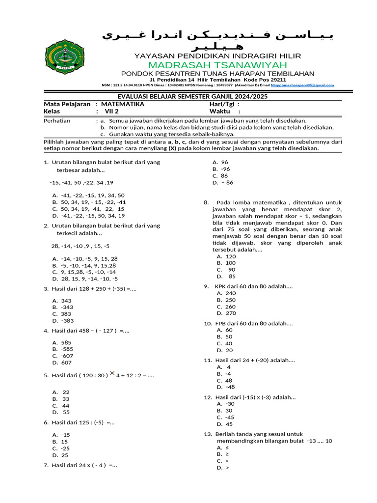 Soal MTK Kelas 7.1 PPTH | PDF