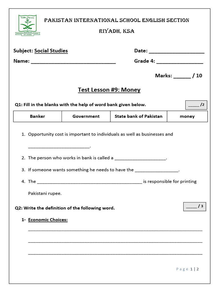 Grade 4 Social Studies Money Test | PDF | Economies
