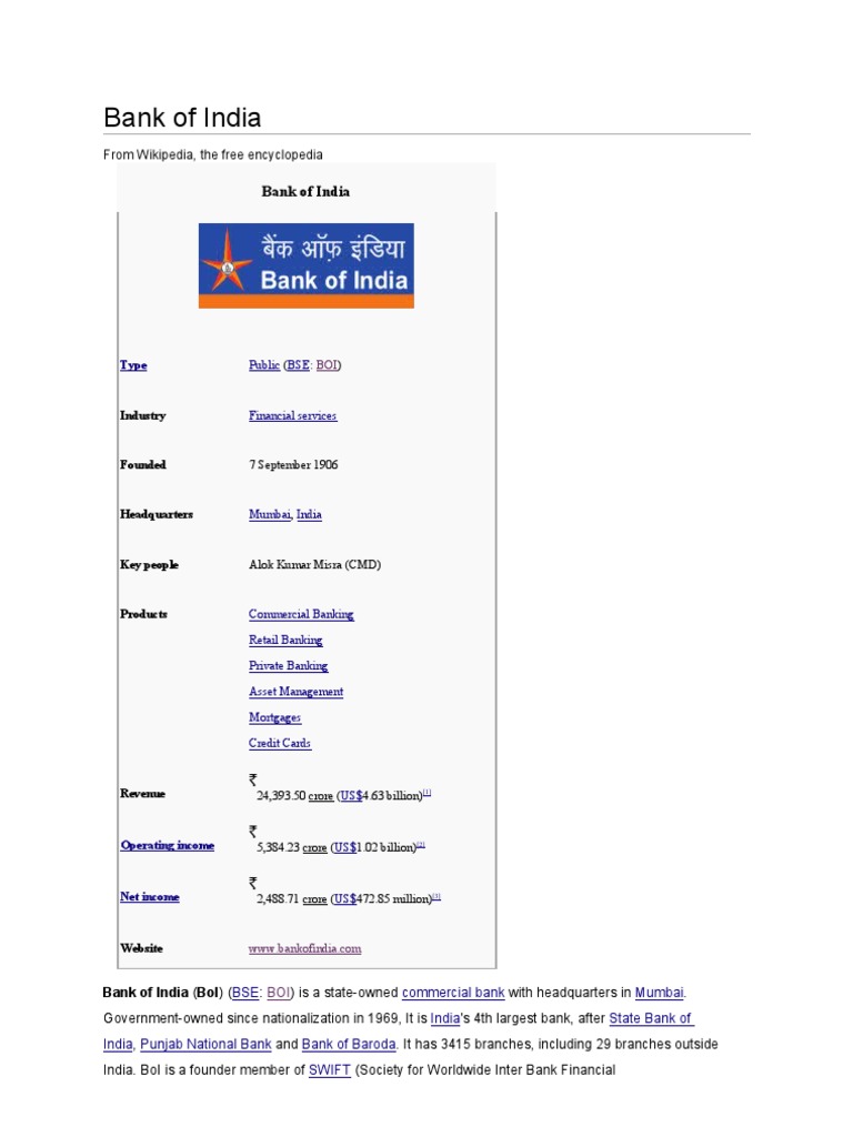 Bank of India WIKI | PDF | Financial Institutions | Financial Services ...