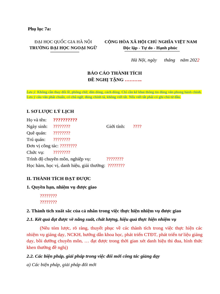 Phu Luc 7b Mau BCTT Ca Nhan TDKT (Giang Vien) | PDF