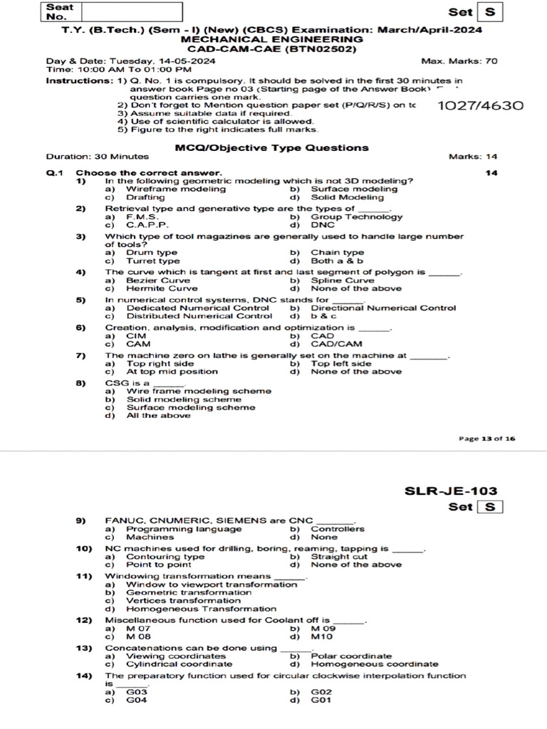 CAD-CAM Exam Paper 2024 | PDF | Numerical Control