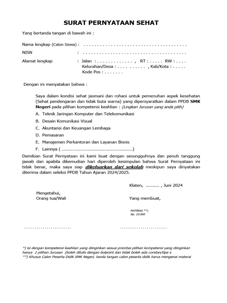 PPDB - Surat Pernyataan Sehat | PDF