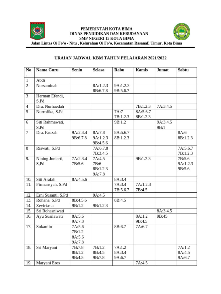 Uraian Jadwal KBM | PDF