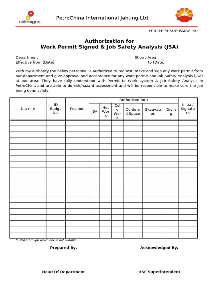 Authorization For Workpermit Signing PTW & JSA 2023 | PDF
