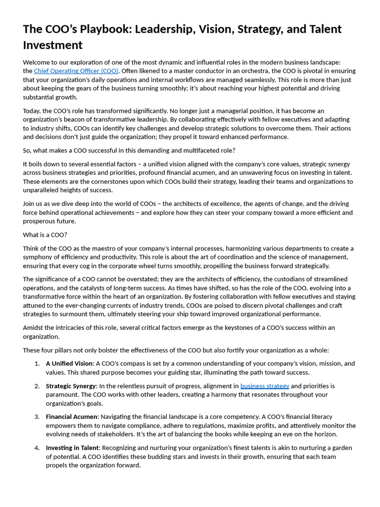 The COO's Playbook - Leadership, Vision, Strategy, and Talent Investment | PDF | Pricing ...