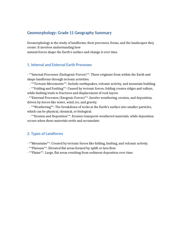 Geomorphology Grade 11 Summary | PDF | Social Science | Art