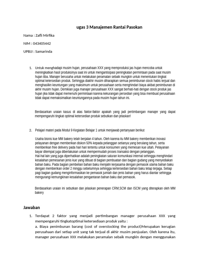 Tugas 3 Manajemen Rantai Pasokan Zafli Mirfika | PDF | Bisnis