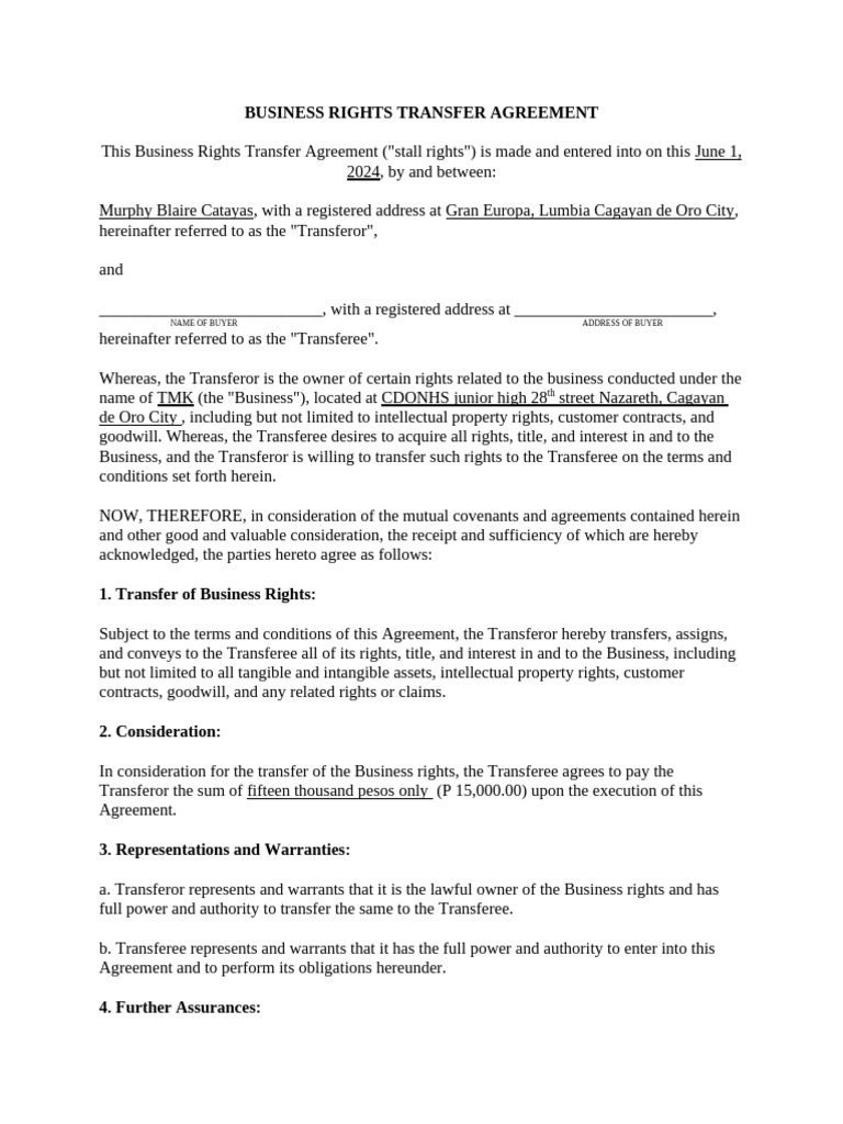 Business Rights Transfer Agreement | PDF | Goodwill (Accounting ...