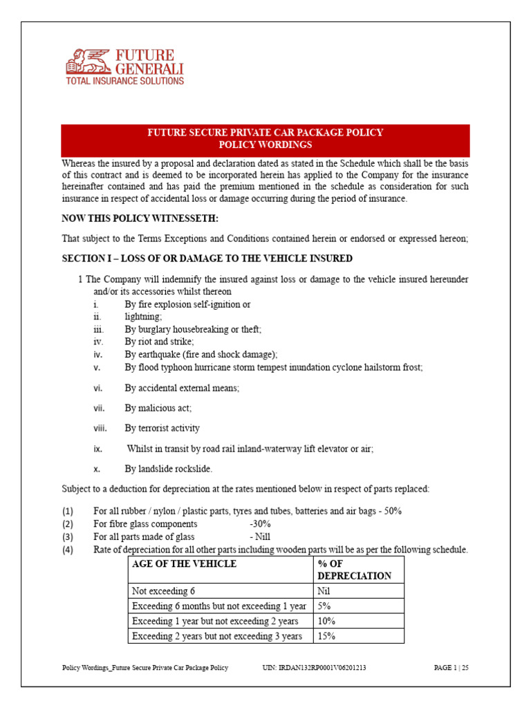 Future Secure Private Car Package Policy Wordings | PDF | Indemnity ...