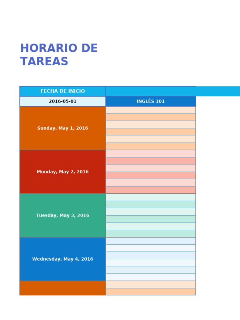 Weekly Homework Schedule Template V1 ES | PDF | Travel