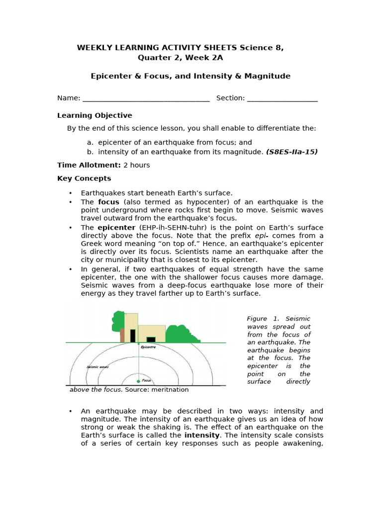 Epicenter Focus Intensity MAgnitude Week 2a | PDF | Earthquakes ...