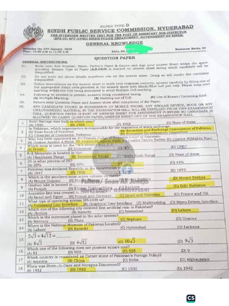 Today's SPSC ASI CPEC Solved Papers With Complete Answers From Booklets ...