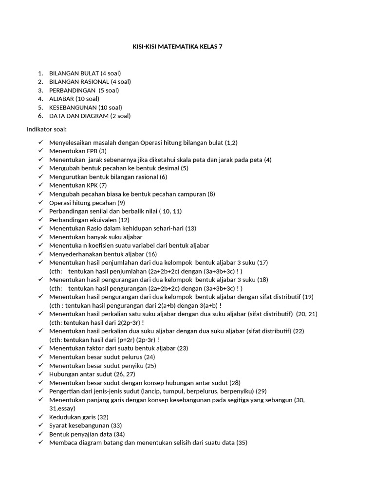 Kisi-Kisi MTK Kelas 7 ASAS 2324 | PDF | Metode & Bahan Ajar | Sains & Matematika
