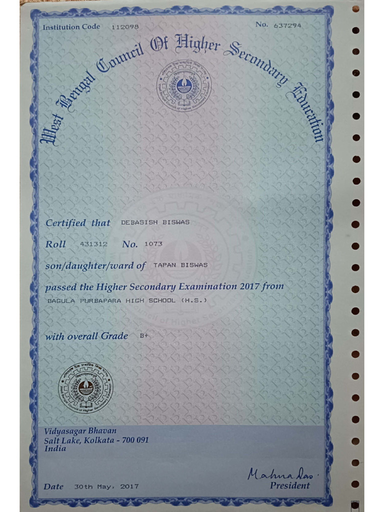 HS Certificate of Debasish Biswas | PDF