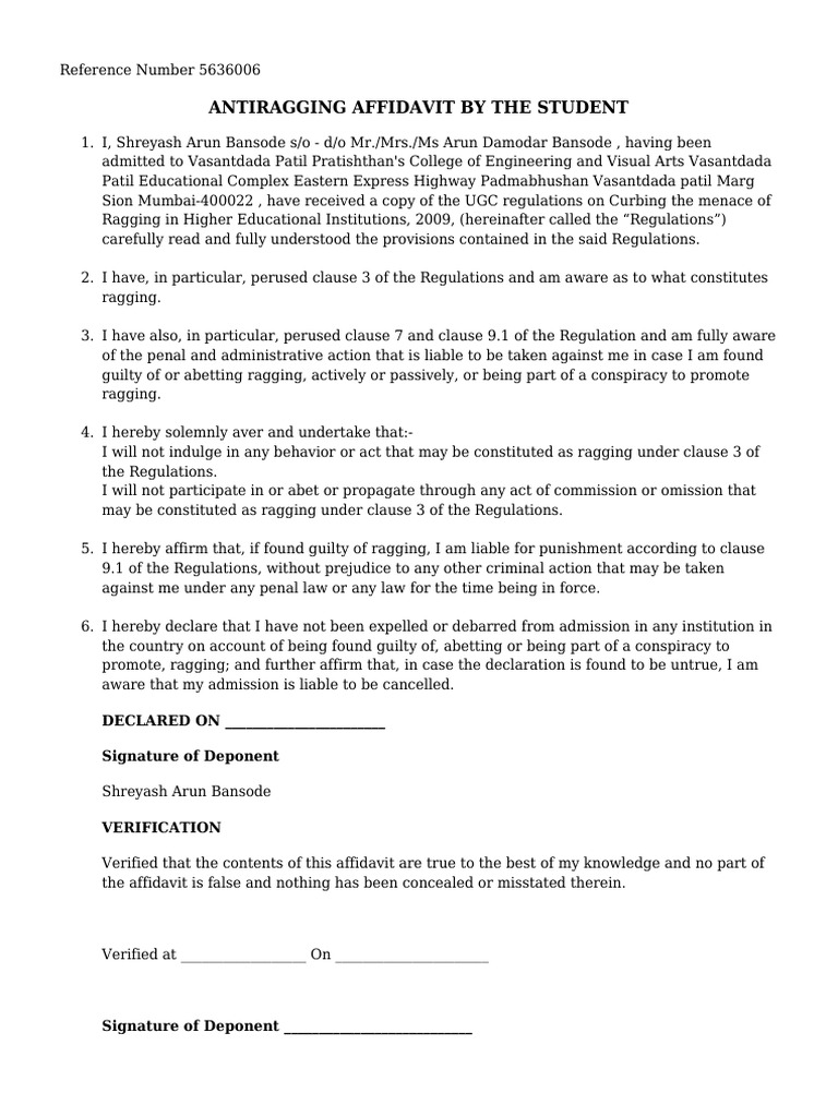 Anti-Ragging Affidavit for Students | PDF | Affidavit | Justice