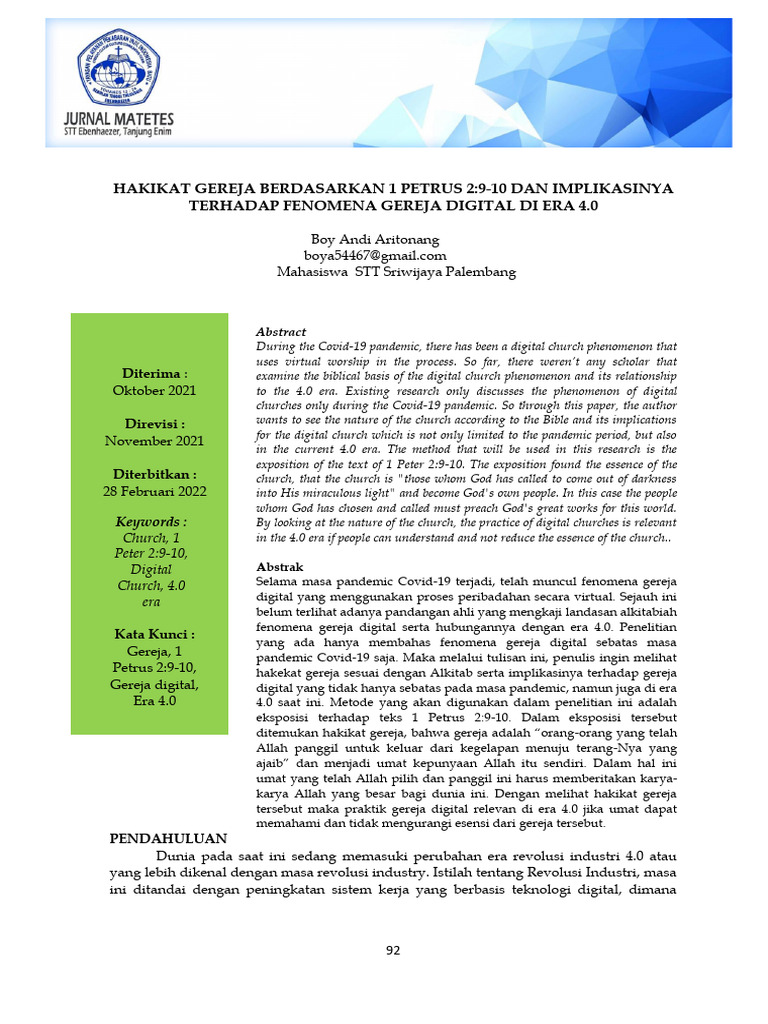 Hakikat Gereja Berdasarkan 1 Petrus 2:9-10 Dan Implikasinya Terhadap Fenomena Gereja Digital Di ...