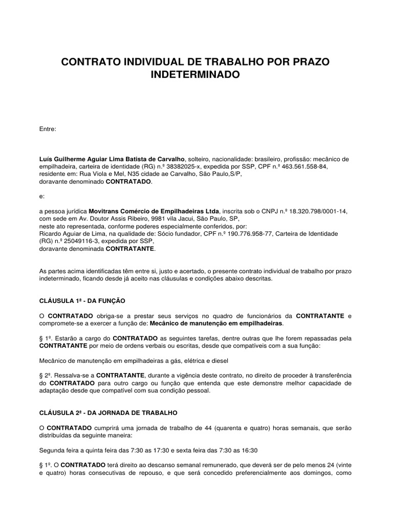 Contrato Individual Trabalho | PDF | Hora extra | Acordo coletivo