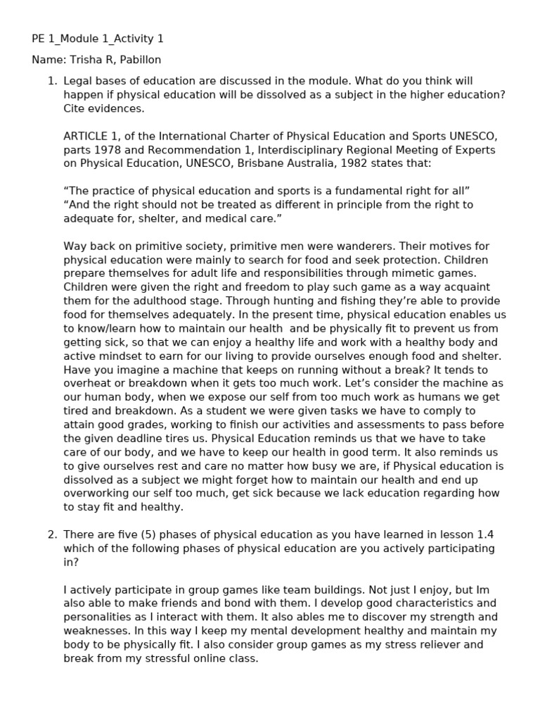 PE 1 Module 1 - Activity 1 Answer | PDF | Physical Education | Psychology