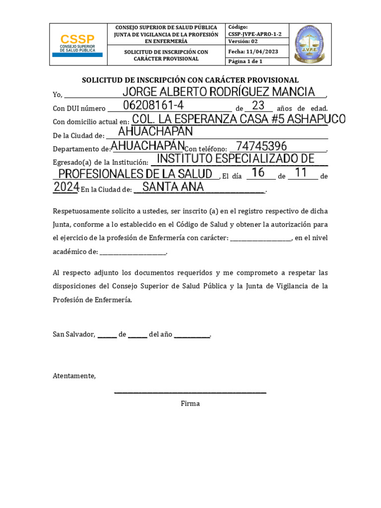 Cssp Jvpe Apro 1 2 Solicitud De Inscripción Con Caracter Provisional