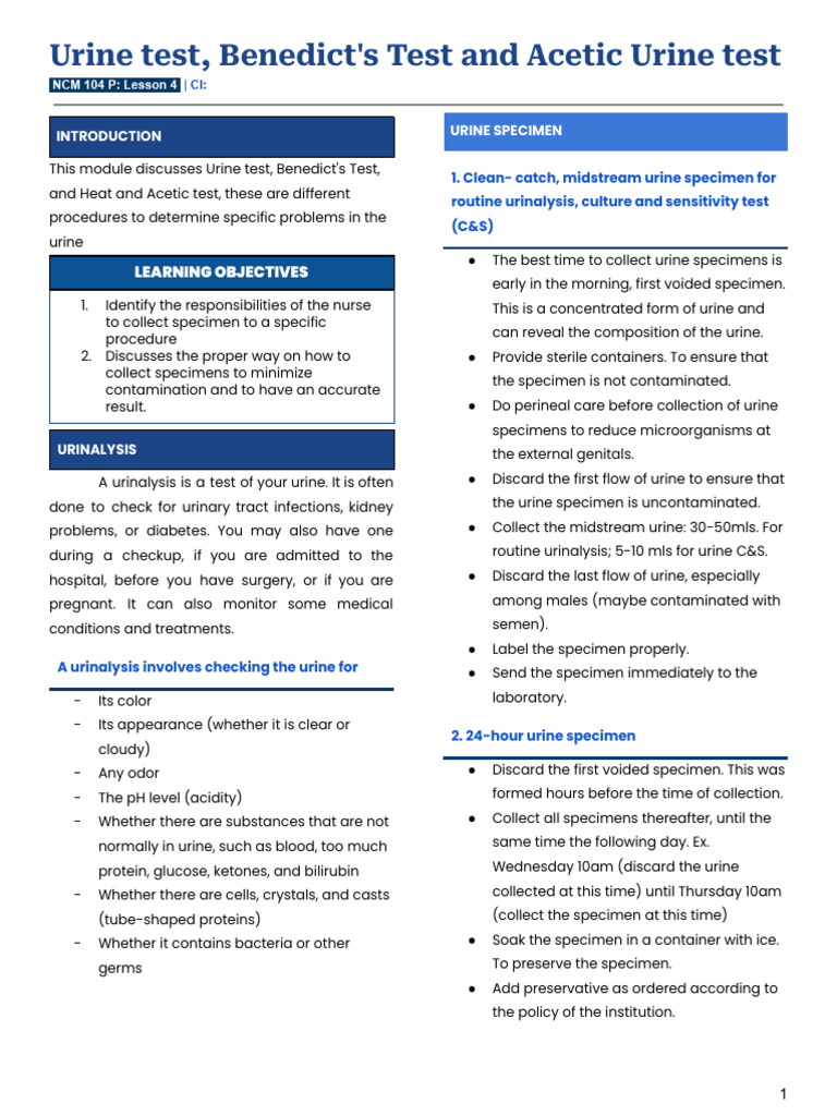 Urine Test, Benedicts Test and Acetic Urine Test | PDF | Urine ...