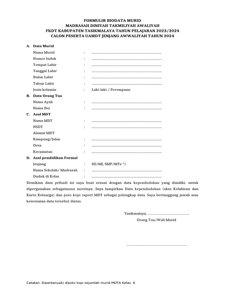 Formulir Biodata Murid Kelas 6 Ta. 2023 2024 | PDF