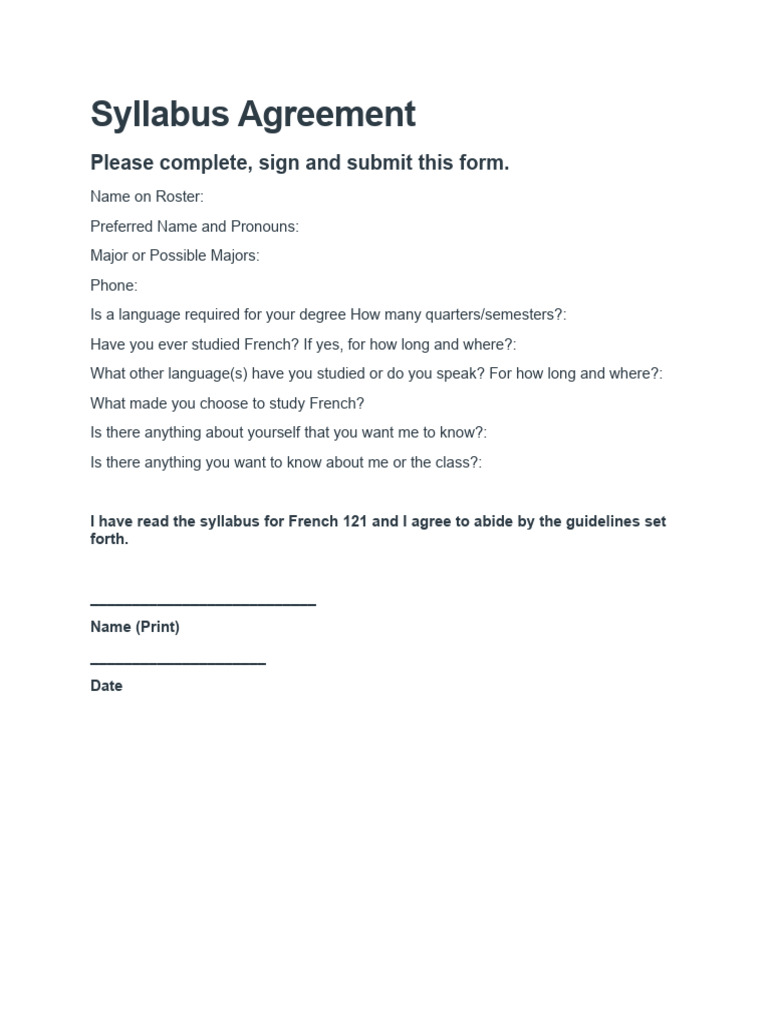 French 121 Cass Harris Syllabus Agreement | PDF