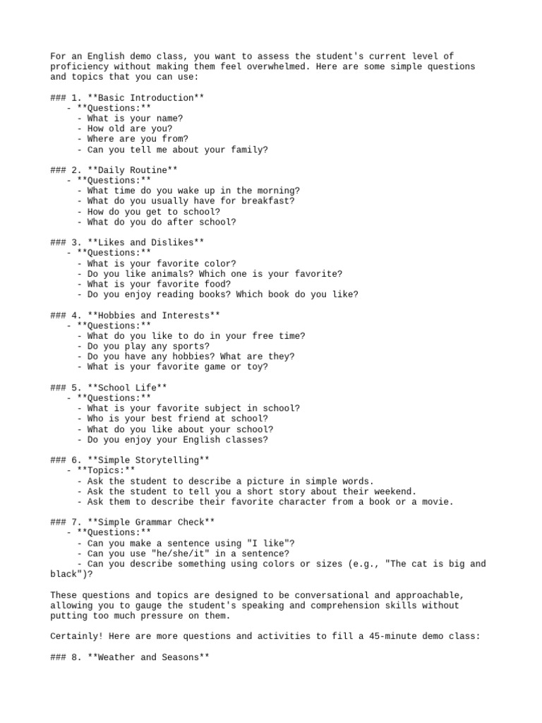 English Demo Class Topics and Questions | PDF