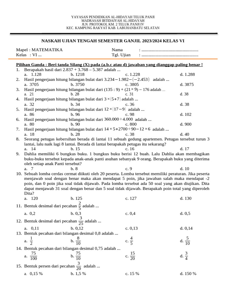 Naskah Soal Uts Matematika Kelas Vi Semester Ganjil-A4 | PDF