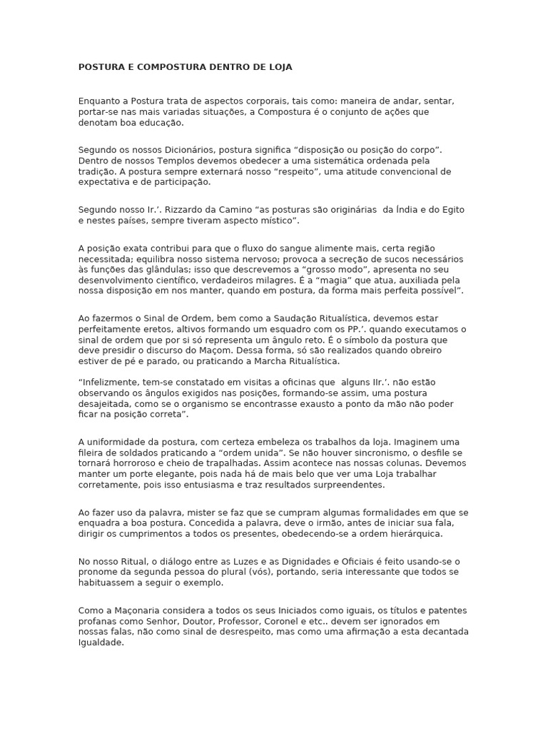 Postura e Compostura na Maçonaria | PDF | Loja Maçônica | Maçonaria