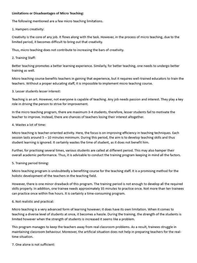 Limitations or Disadvantages of Micro Teaching | PDF | Creativity ...