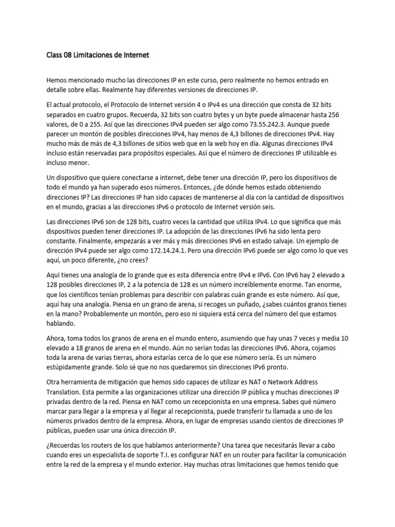 Class 08 Limitaciones de Internet | PDF | Yo Pv6 | Dirección IP