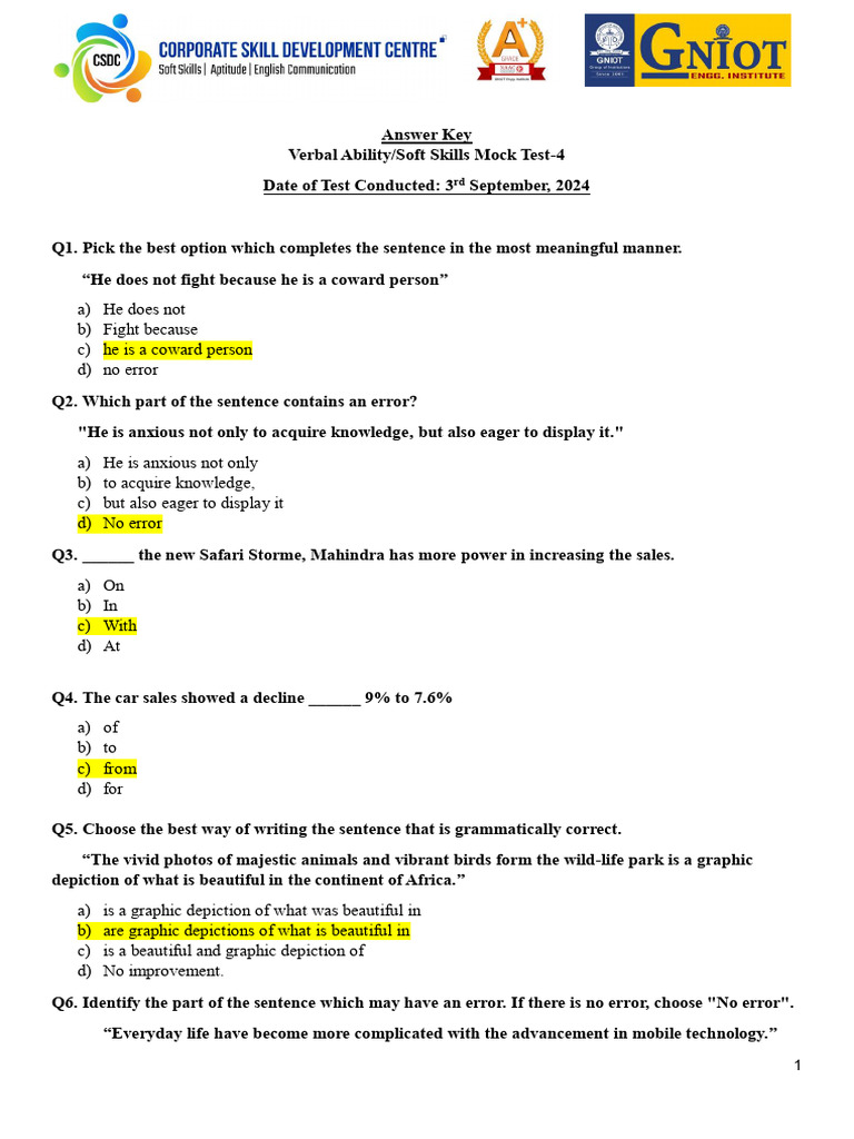 VERBAL ABILITY - SOFT SKILLS MOCK TEST 4 - Answer Key (Fe) | PDF ...